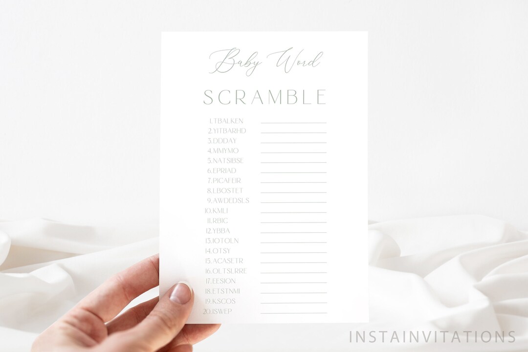 Baby Word Scramble Baby Shower Game, Oh Baby Sage Green Baby Shower ...