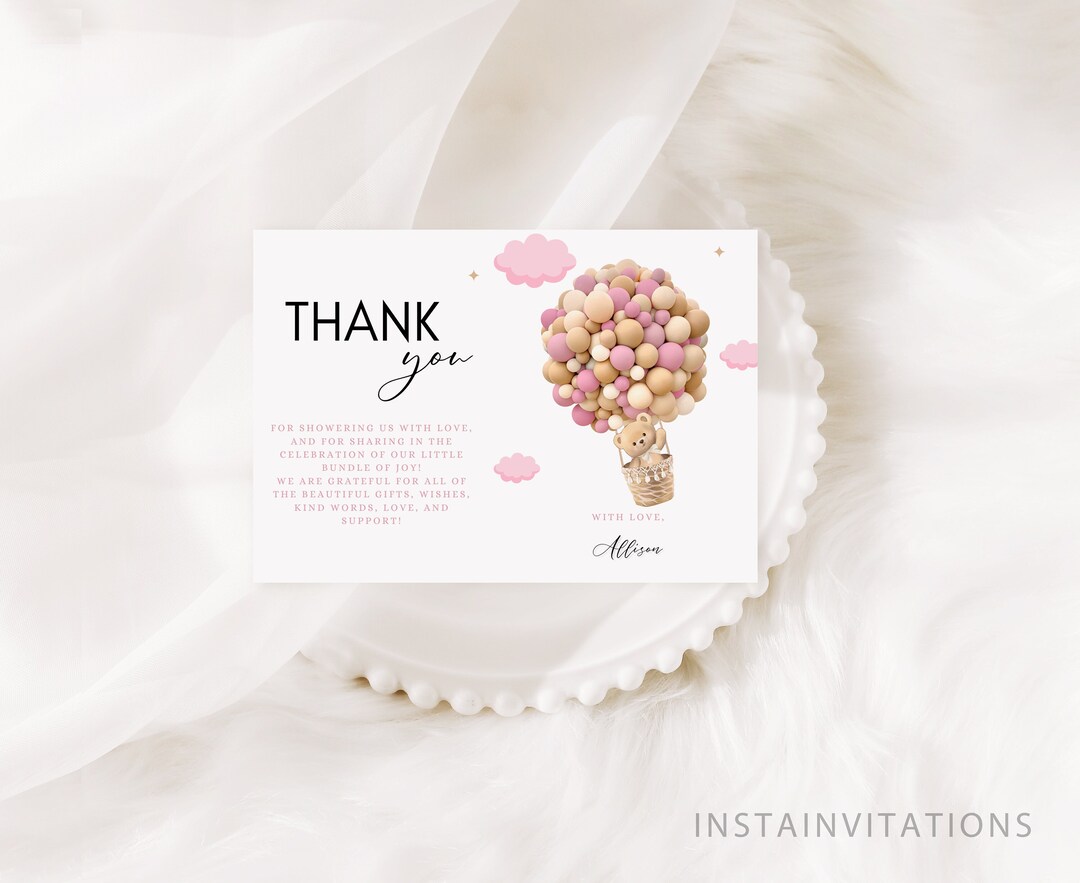 Editable Thank You Flat Card, Teddy Bear Oh Baby Pink Baby Shower, Girl ...