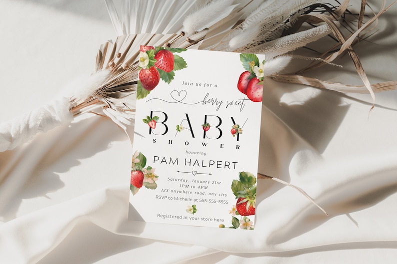 Editable A Berry Sweet Baby Shower Invitation Strawberry Baby - Etsy