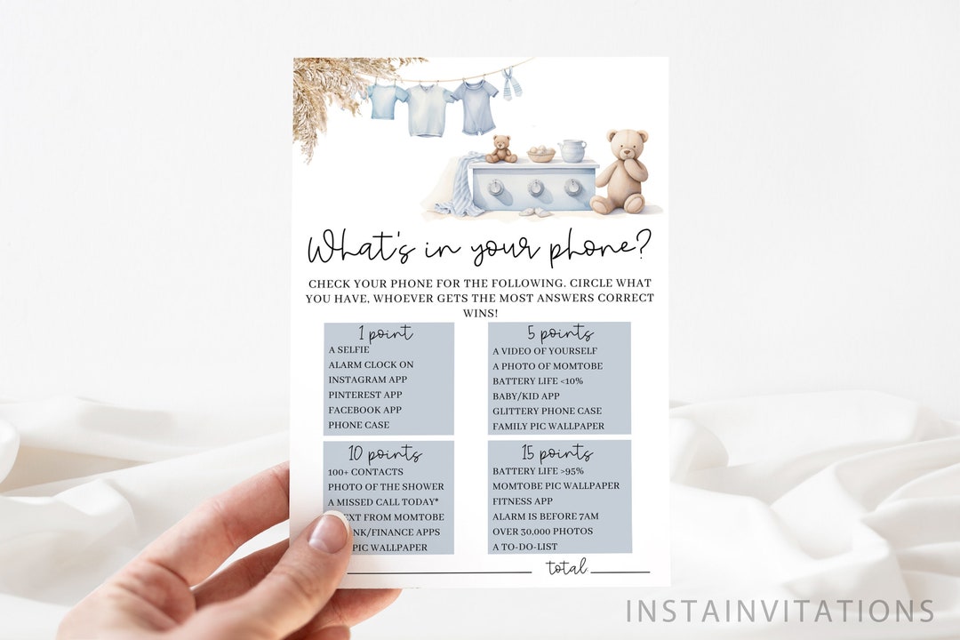 What's in Your Phone Baby Shower Game, Teddy Bear Boy Baby Shower Baby ...