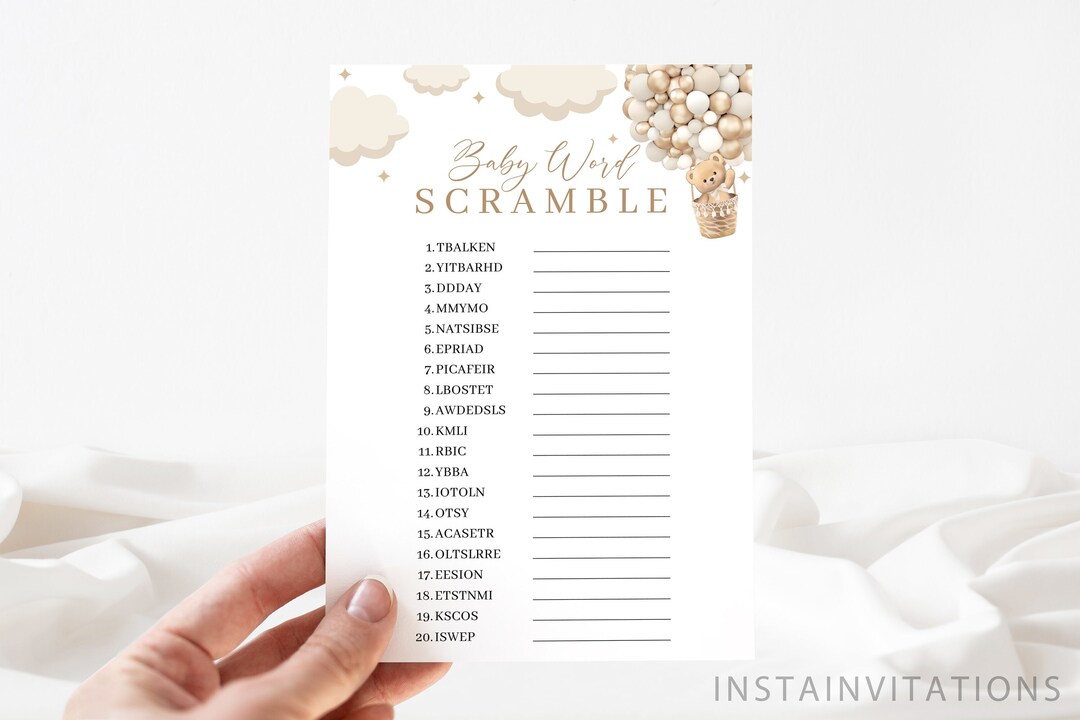 Baby Word Scramble Baby Shower Game, Teddy Bear Beige Baby Shower ...