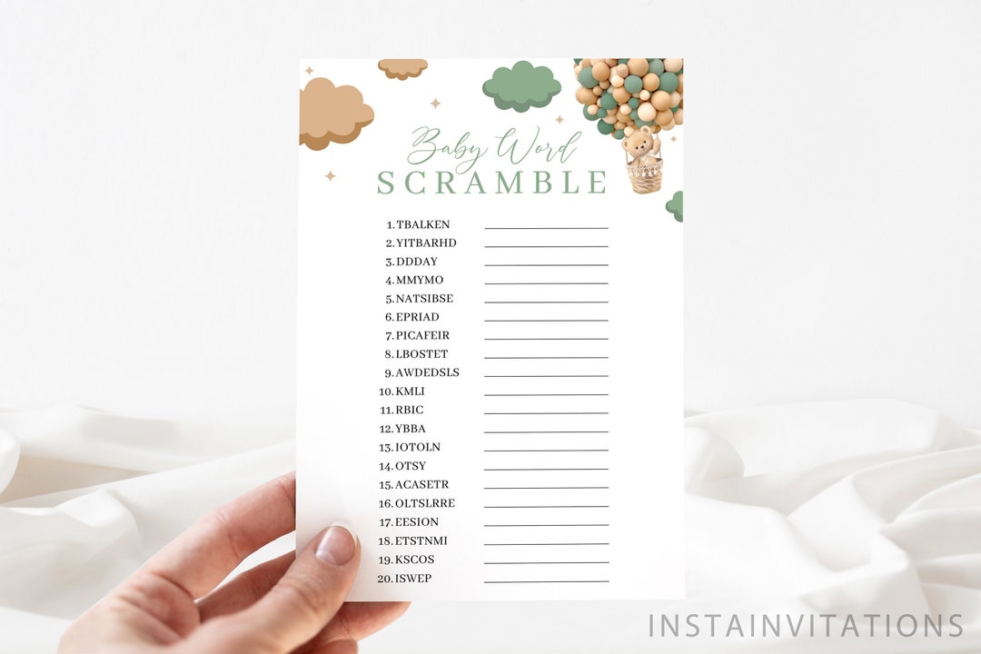 Baby Word Scramble Baby Shower Game, Teddy Bear Green Baby Shower ...