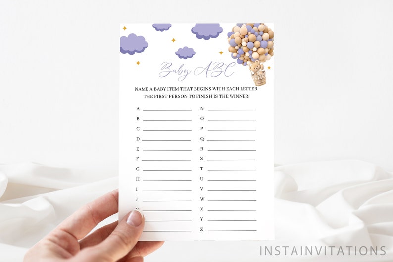 Baby ABC Baby Shower Game, Teddy Bear Purple Baby Shower Gender Neutral Lavender Brown Boho Bear ...