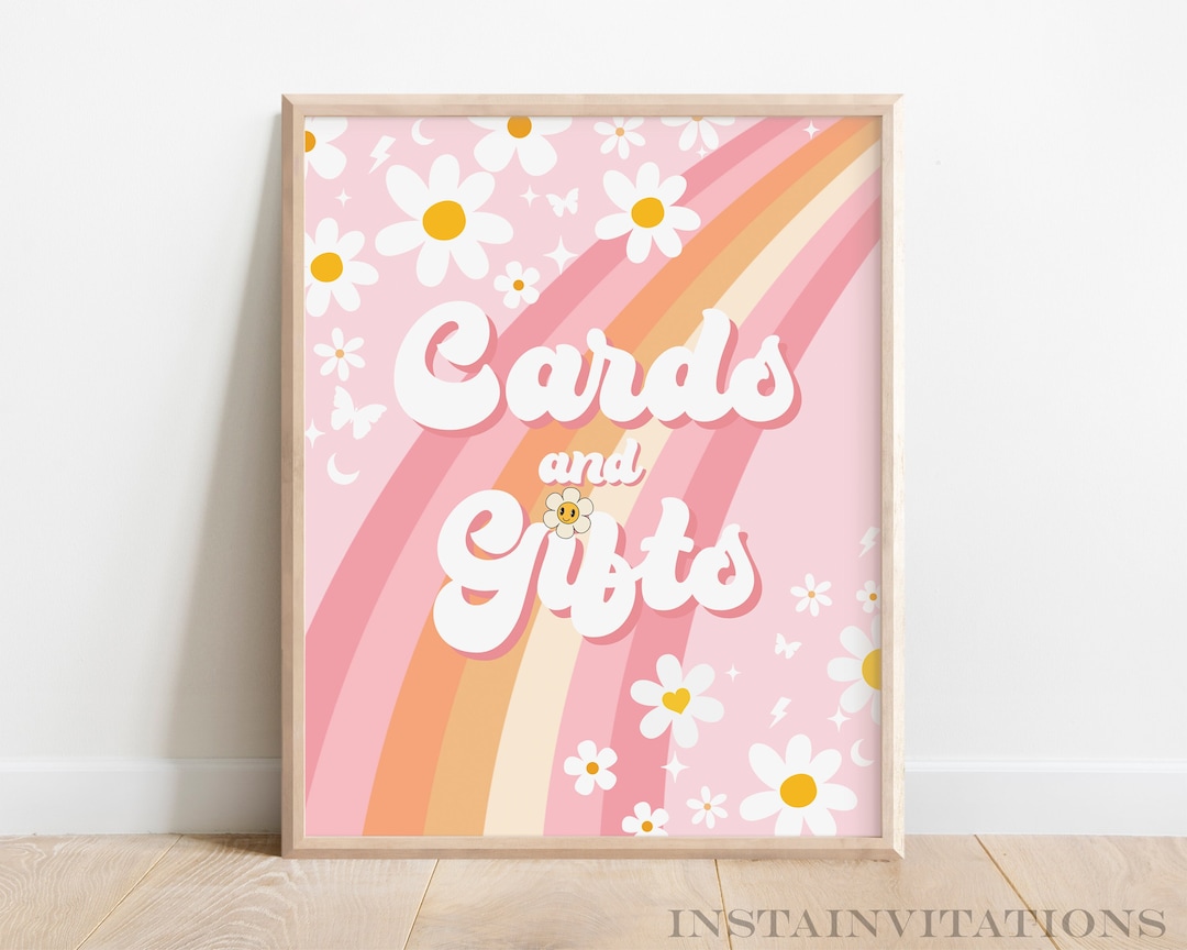 Cards and Gifts Rainbow Groovy Sign Birthday Invite Pink Daisy Van ...
