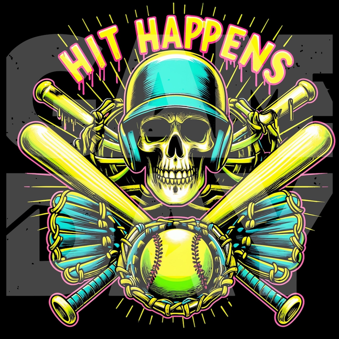 Groovy Softball PNG: Retro Neon 'hit Happens' Design (digital Download ...