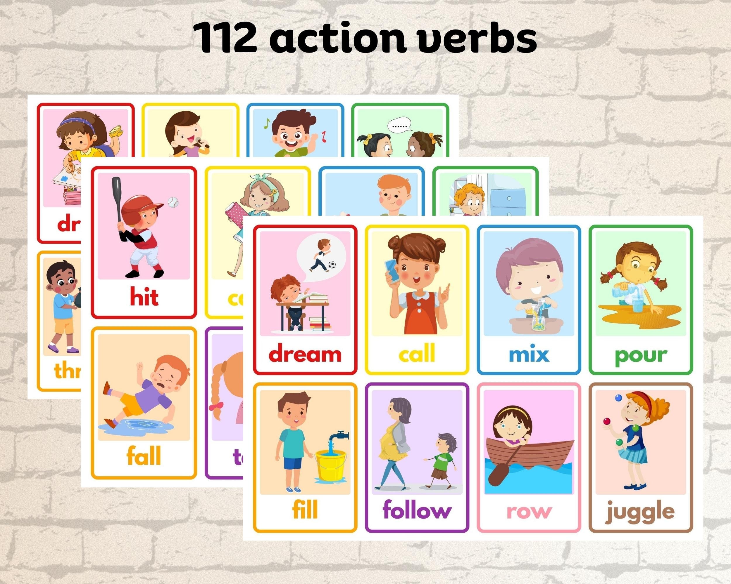 112 Action Verbs Flashcards Educational Cards for Kids Verb Vocabulary ...