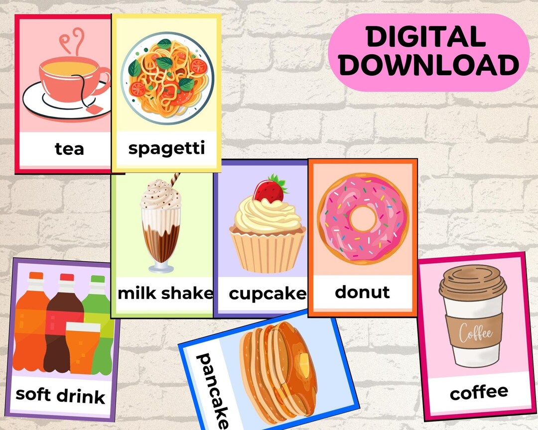 Set of 88 Foods and Drinks Flashcards Educational Cards for Kids ...