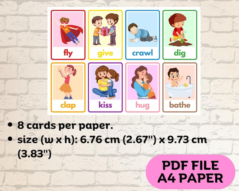 112 Action Verbs Flashcards Educational Cards for Kids Verb Vocabulary ...
