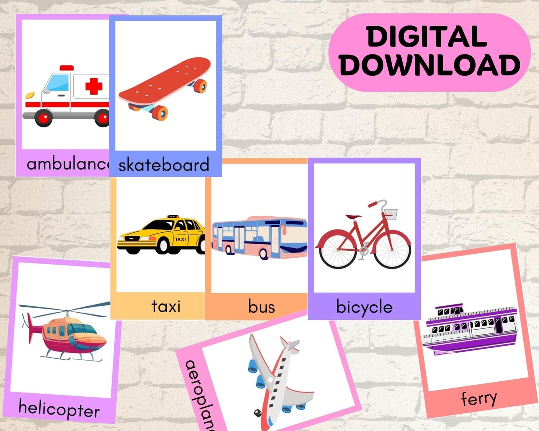 Set of 64 Transportations Flashcards - Educational Cards for Kids ...