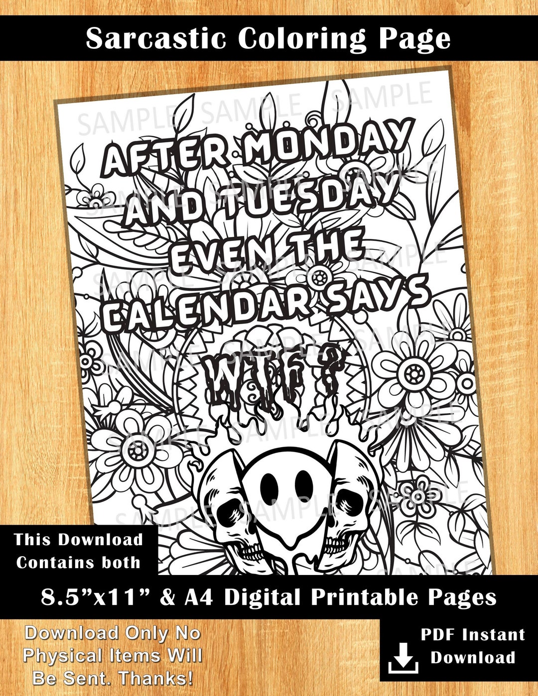 Sarcastic Adult Coloring Page Mandala WTF Skull Digital Download PDF ...