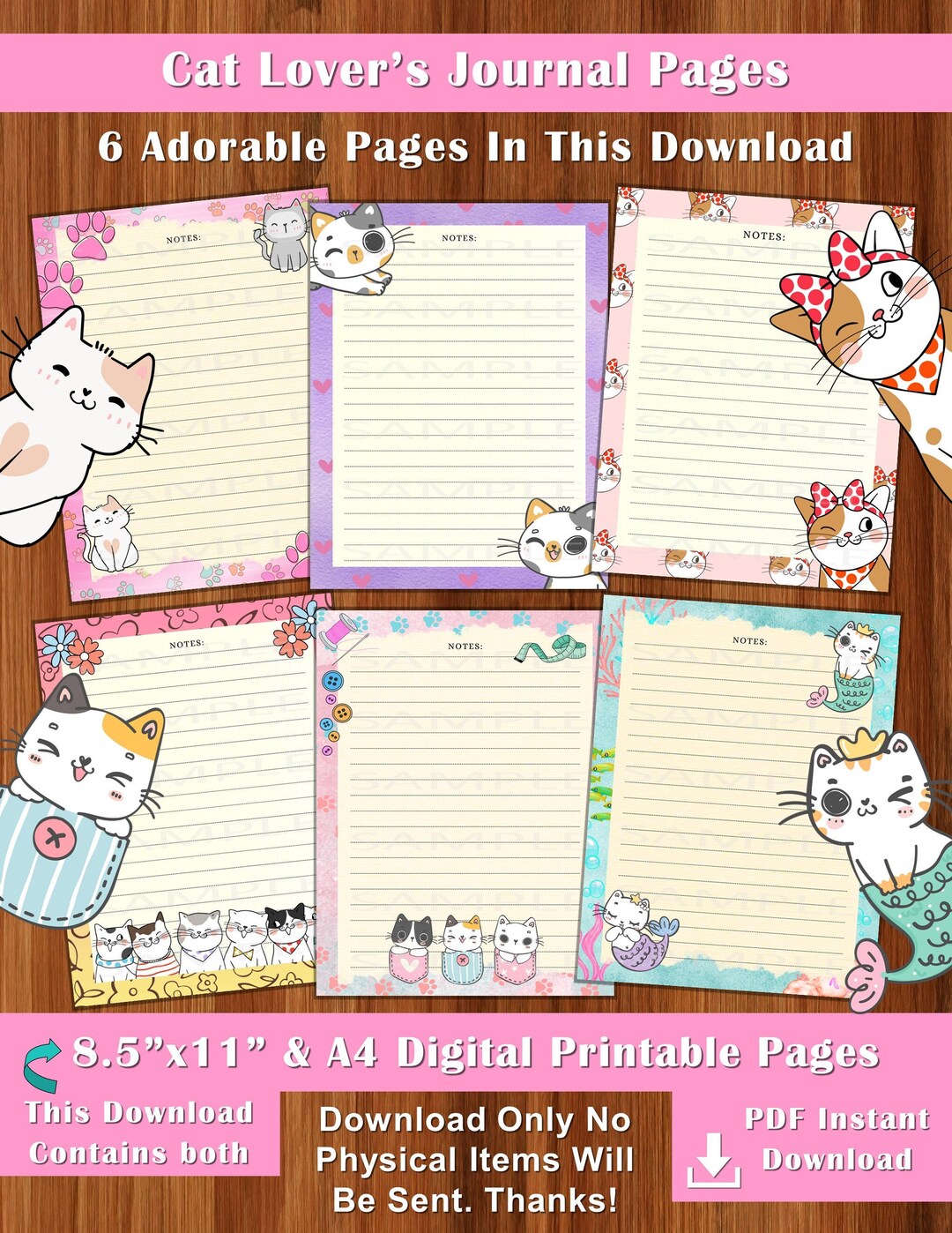 Cat Lover's Set of 6 Journal Pages With Stickers Digital Download PDF ...