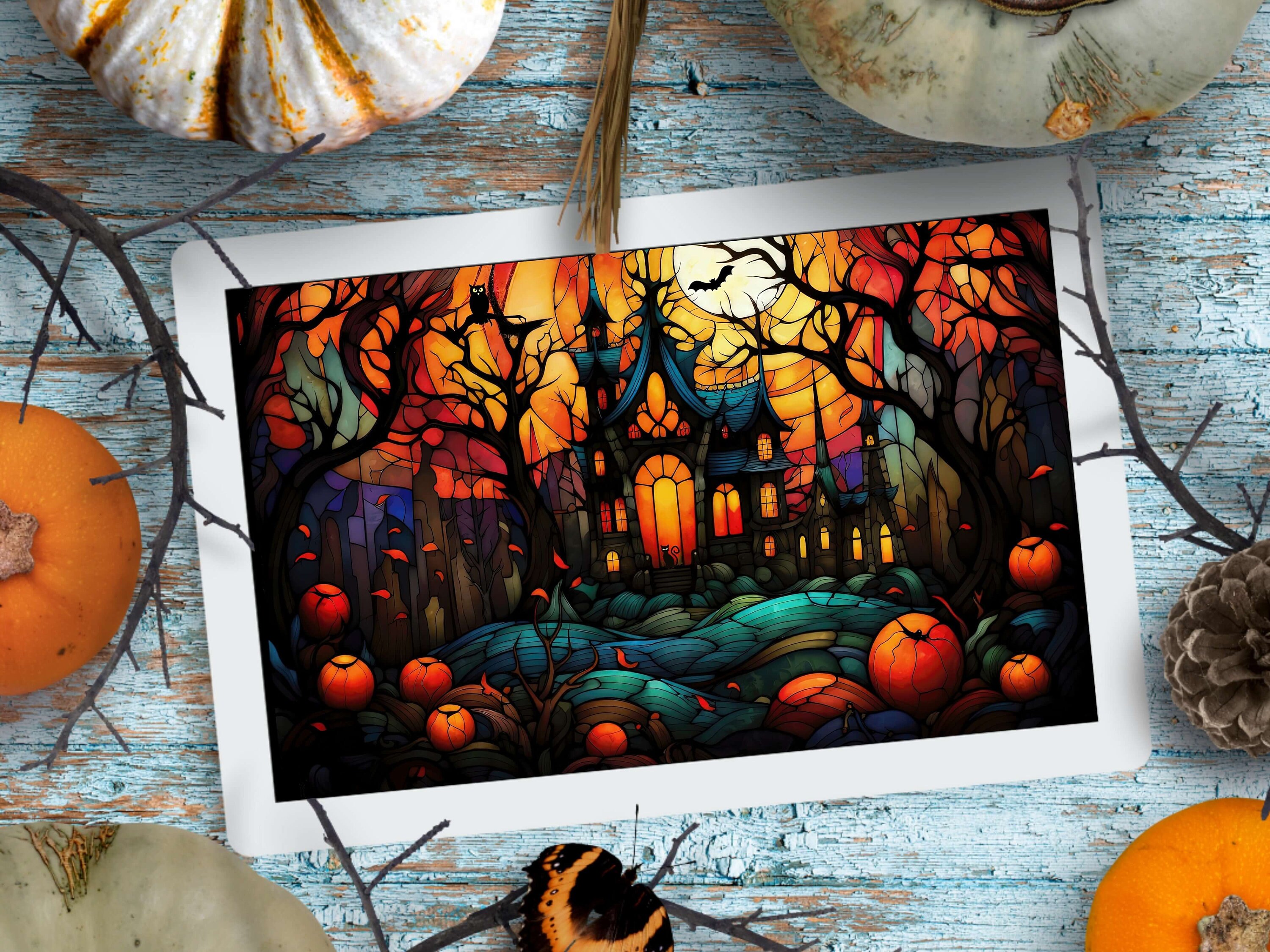Halloween Haunted House Stained Glass Art Spooky Pumpkin - Etsy