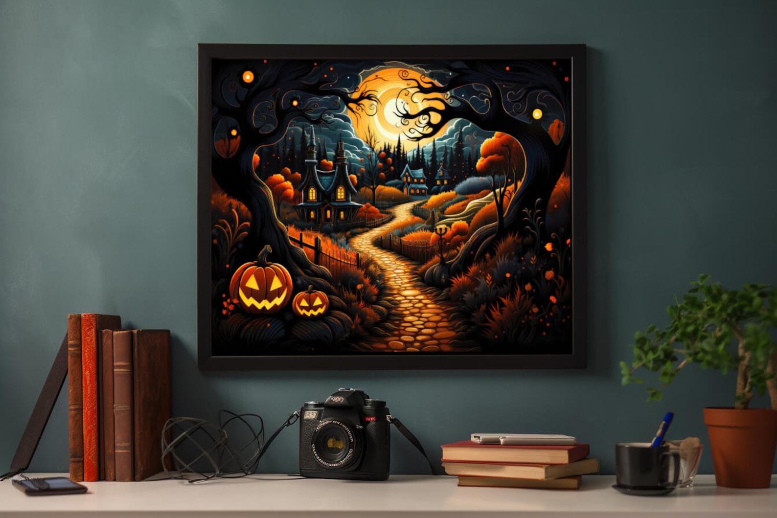 Spooky Halloween Folk Art Scene Haunted Halloween House Print on Demand ...