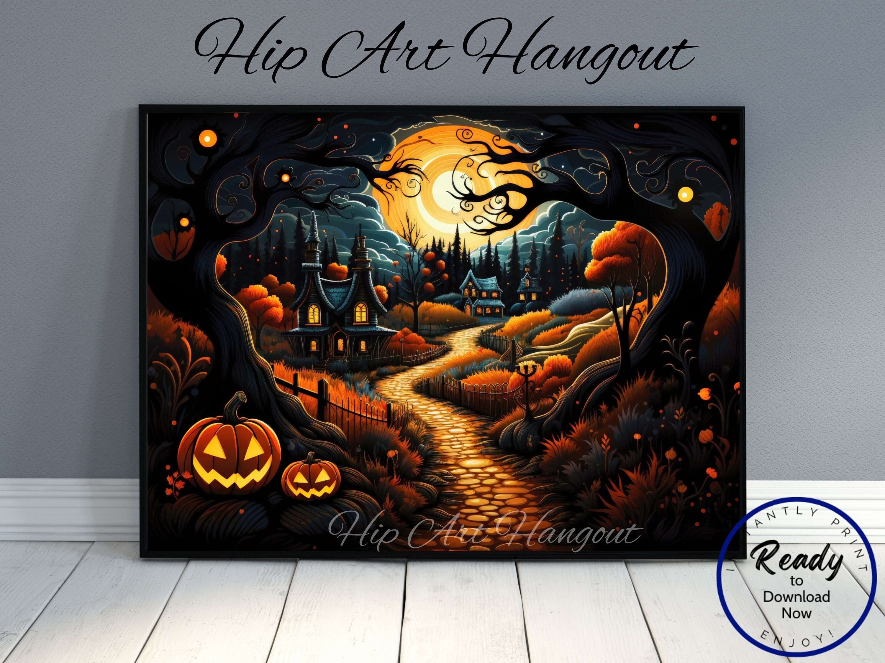 Spooky Halloween Folk Art Scene Haunted Halloween House Print on Demand ...