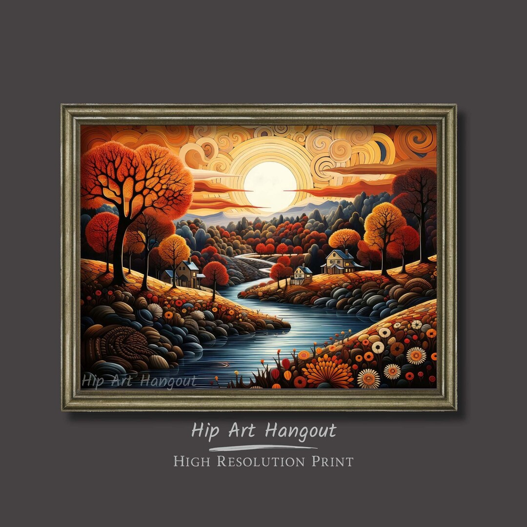 American Folk Art Abstract Autumn Landscape for Home Decor Gifts Sunset ...