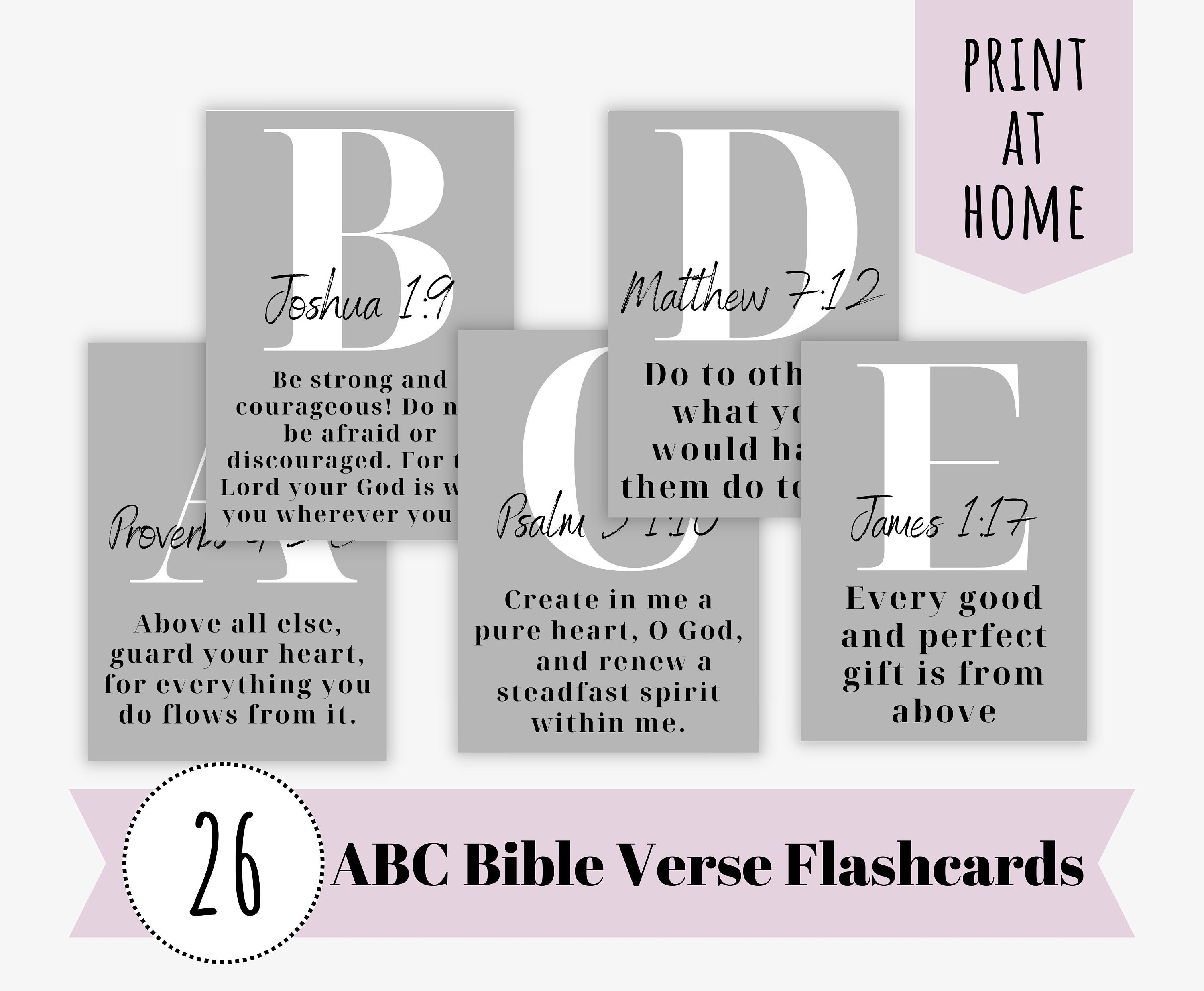 Printable Scripture Alphabet Flash Cards, Grey Bible Verse Abcs ...