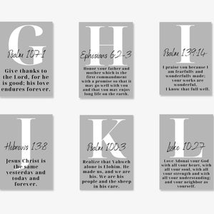 Printable Scripture Alphabet Flash Cards, Grey Bible Verse Abcs ...