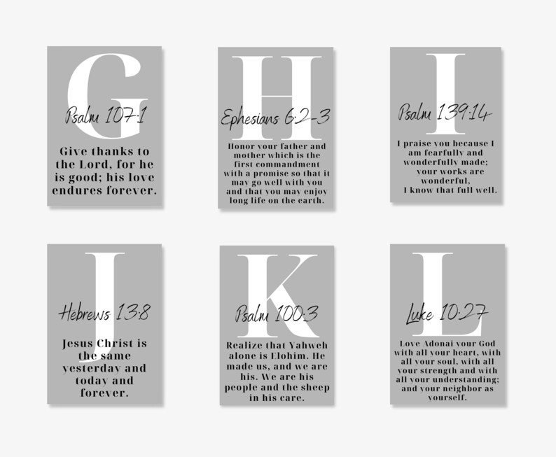 Printable Scripture Alphabet Flash Cards, Grey Bible Verse Abcs ...