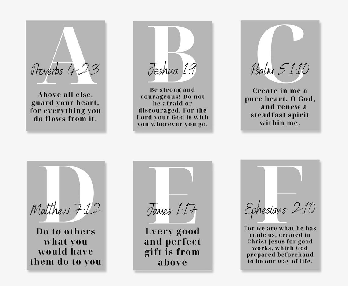 Printable Scripture Alphabet Flash Cards, Grey Bible Verse Abcs ...