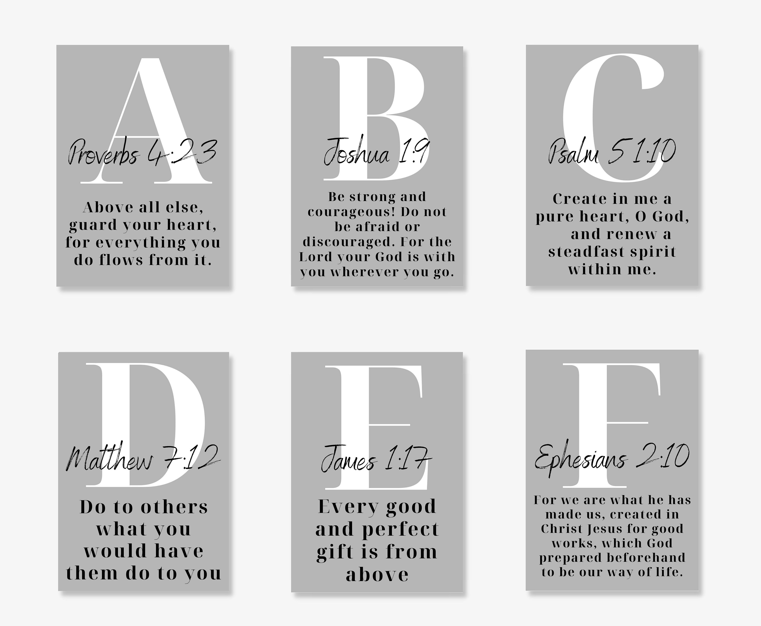 Printable Scripture Alphabet Flash Cards, Grey Bible Verse Abcs ...