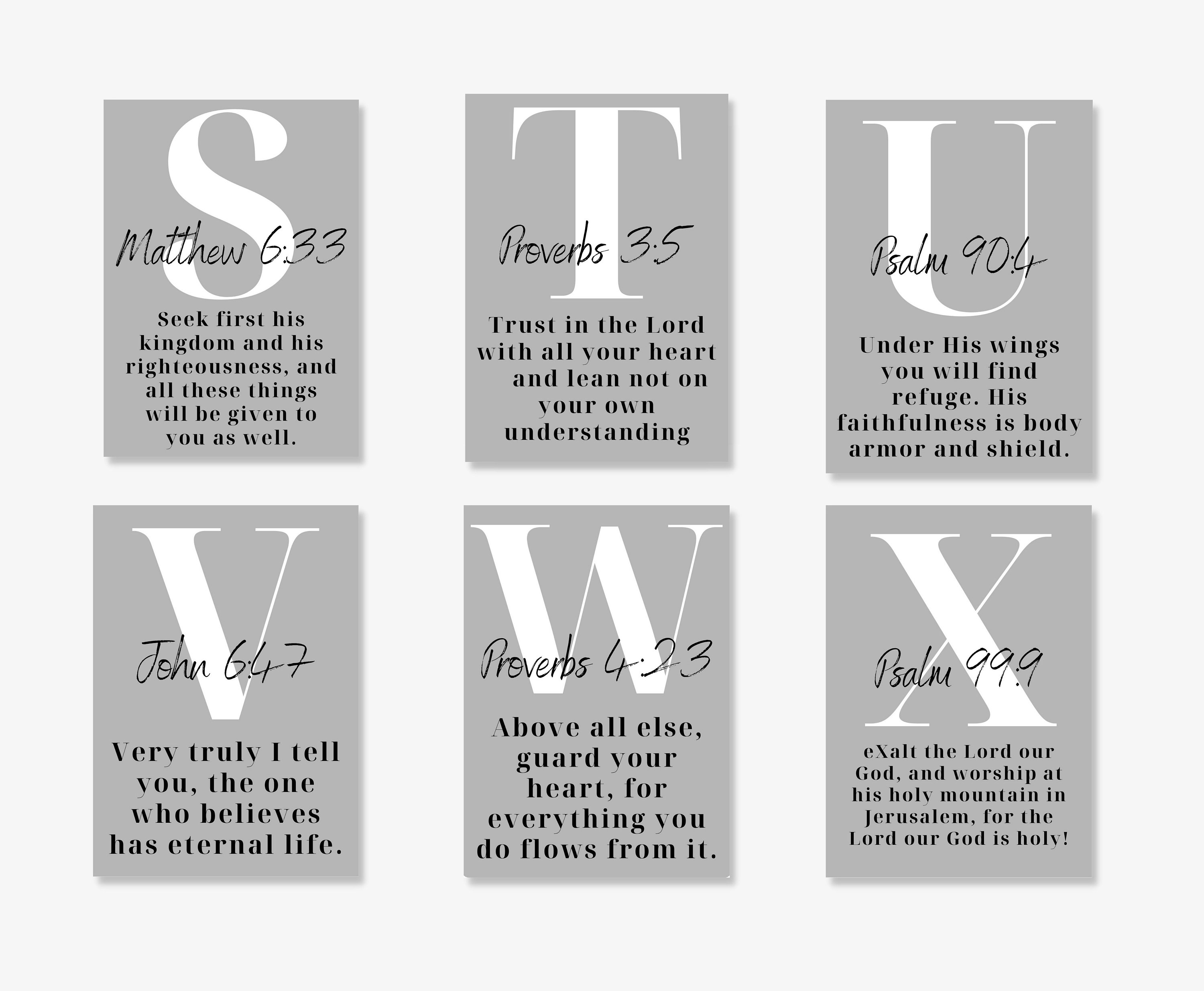 Printable Scripture Alphabet Flash Cards, Grey Bible Verse Abcs ...