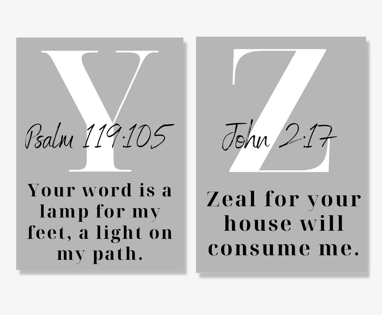 Printable Scripture Alphabet Flash Cards, Grey Bible Verse Abcs ...