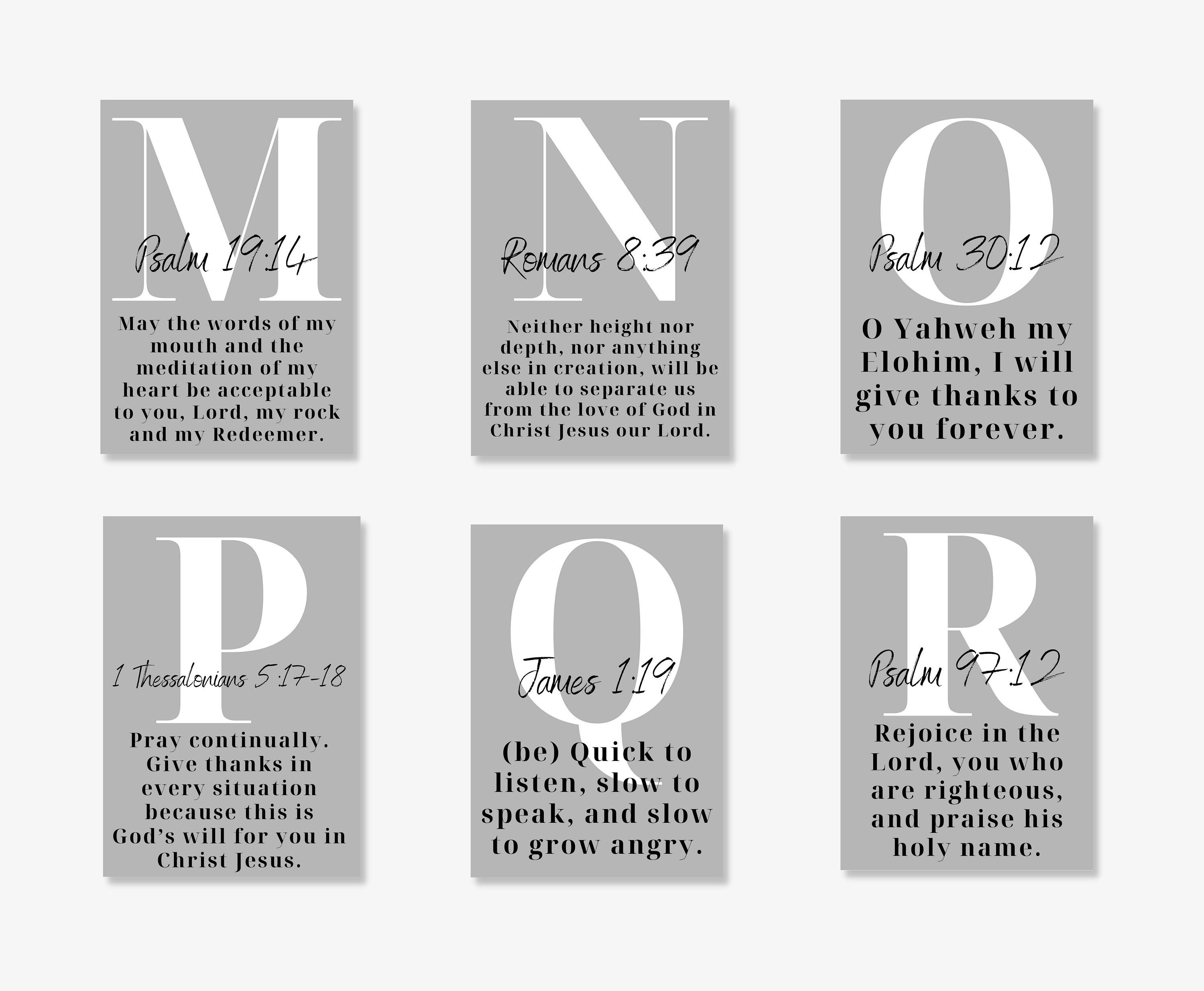 Printable Scripture Alphabet Flash Cards, Grey Bible Verse Abcs ...