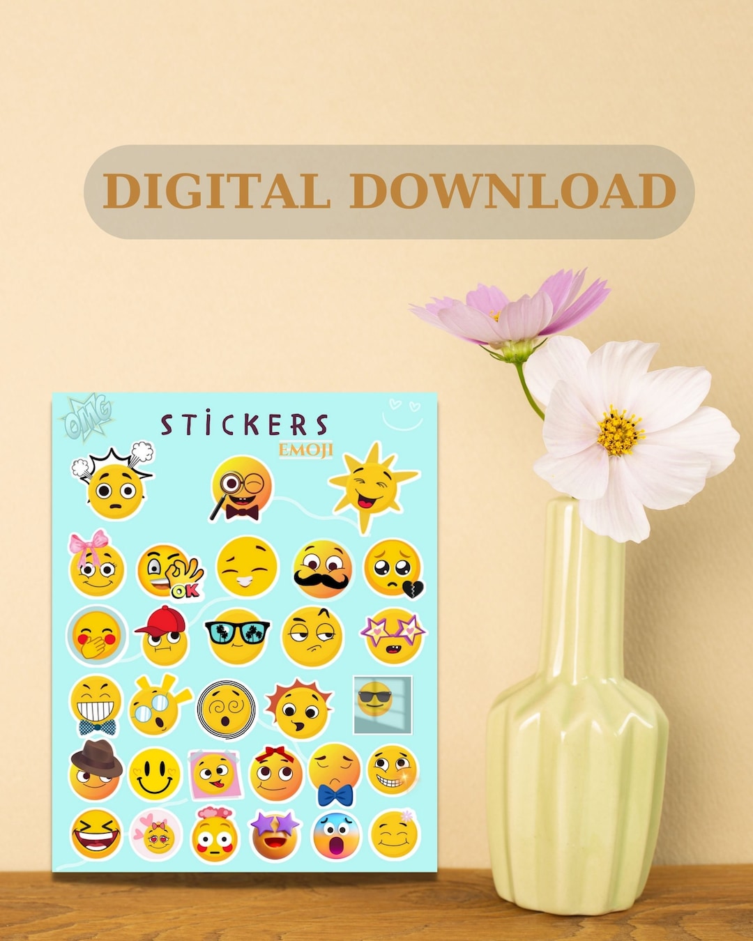 Emoji Stickers Sheet, Emoji Printable Stickers, Digital Printable ...