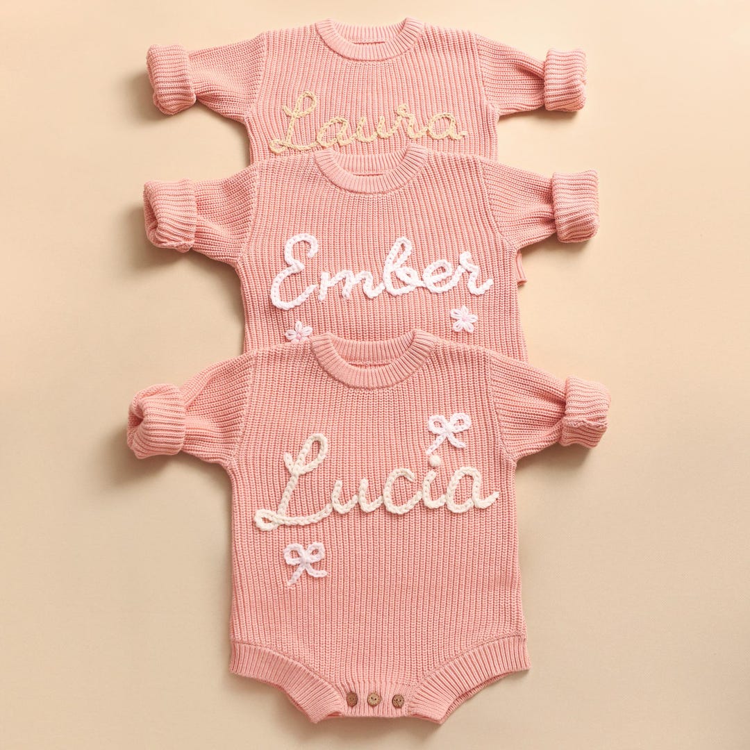 Custom Hand Embroidered Baby Romper, Newborn Knit Romper Name ...