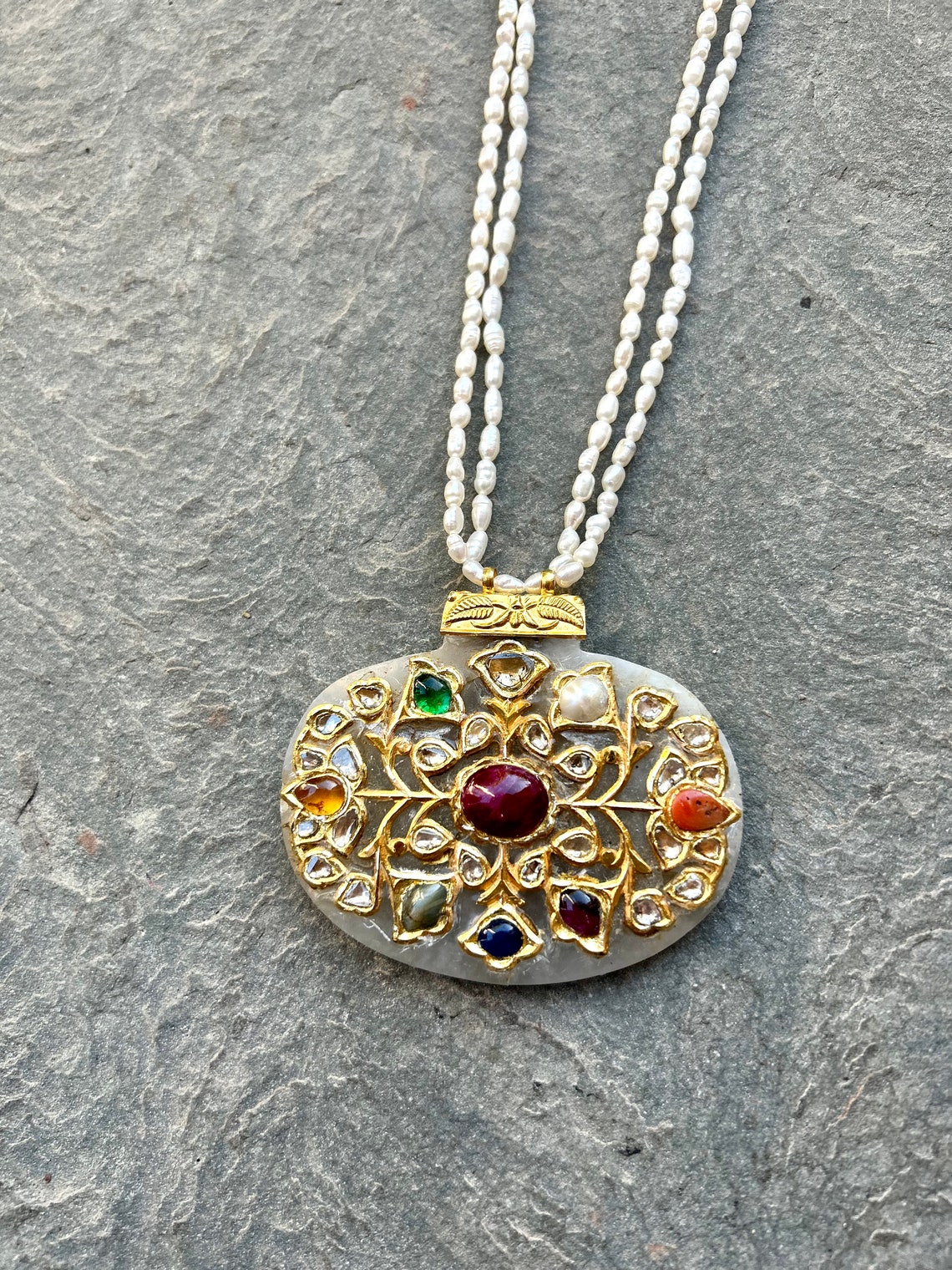 Diamond Polki Navratan Necklace 22kt Gold With Pearls on Moonstone ...
