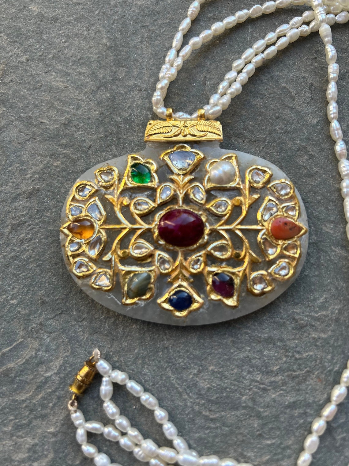 Diamond Polki Navratan Necklace 22kt Gold With Pearls on Moonstone ...