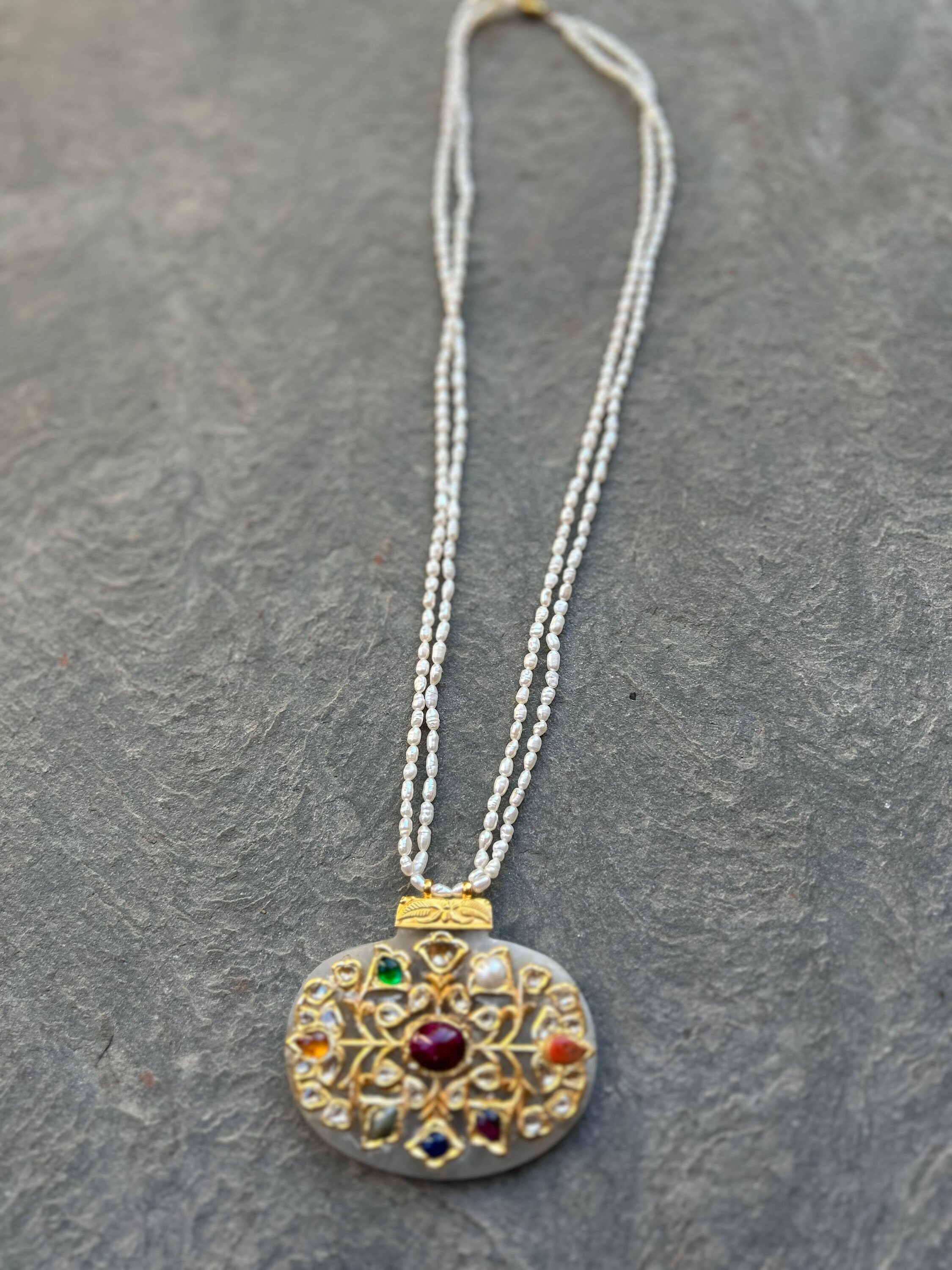 Diamond Polki Navratan Necklace 22kt Gold With Pearls on Moonstone ...