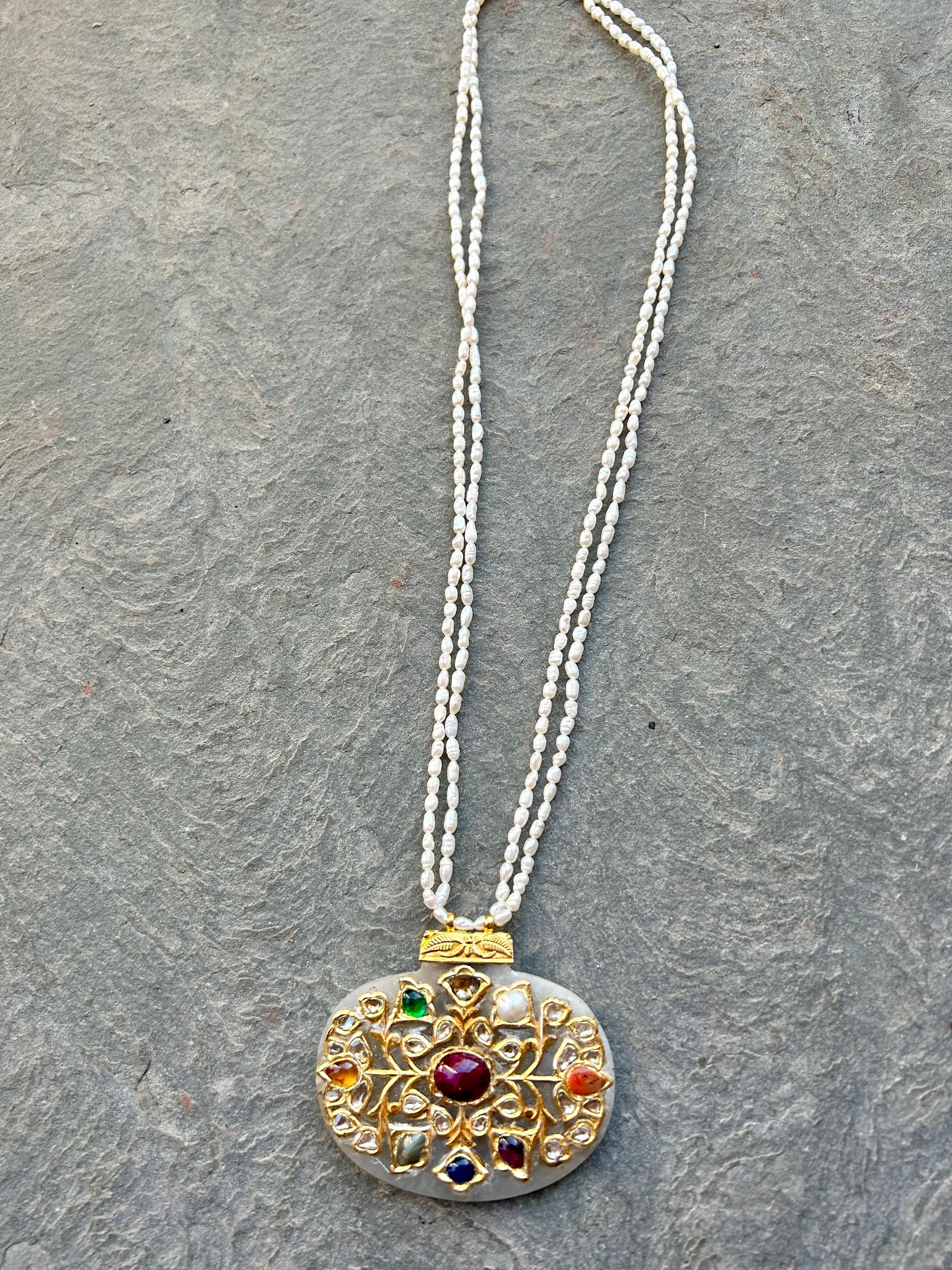 Diamond Polki Navratan Necklace 22kt Gold With Pearls on Moonstone ...