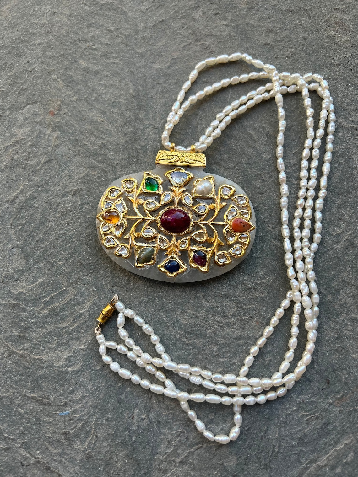 Diamond Polki Navratan Necklace 22kt Gold With Pearls on Moonstone ...