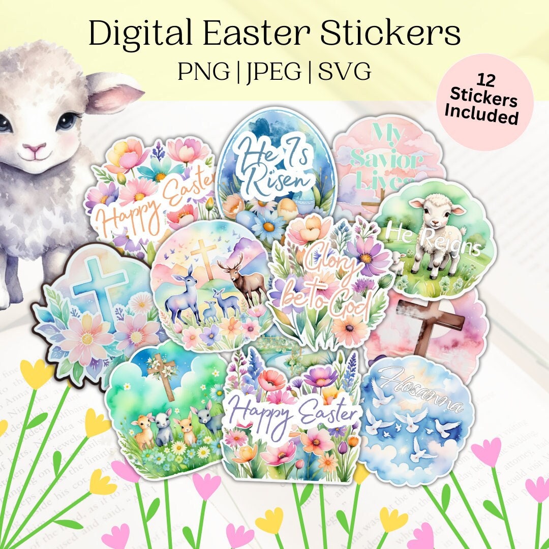 12 Easter Stickers Digital | He is Risen SVG | Book Stickers SVG ...