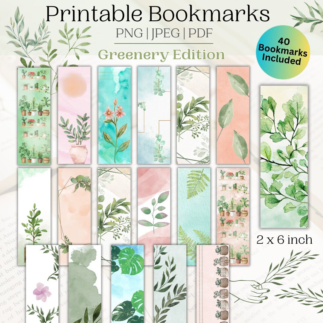 40 Greenery Bookmarks Printable | Bookmark PNG | Easy Printable ...