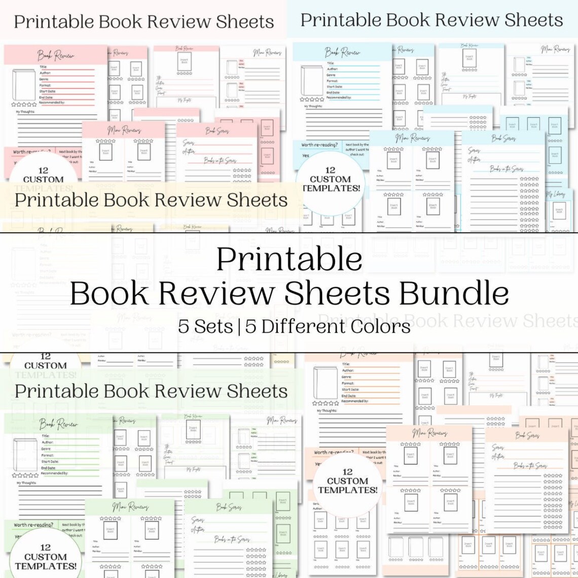 5 Book Review Sheets Bundle Printable Reading Tracker Sheets Easy ...