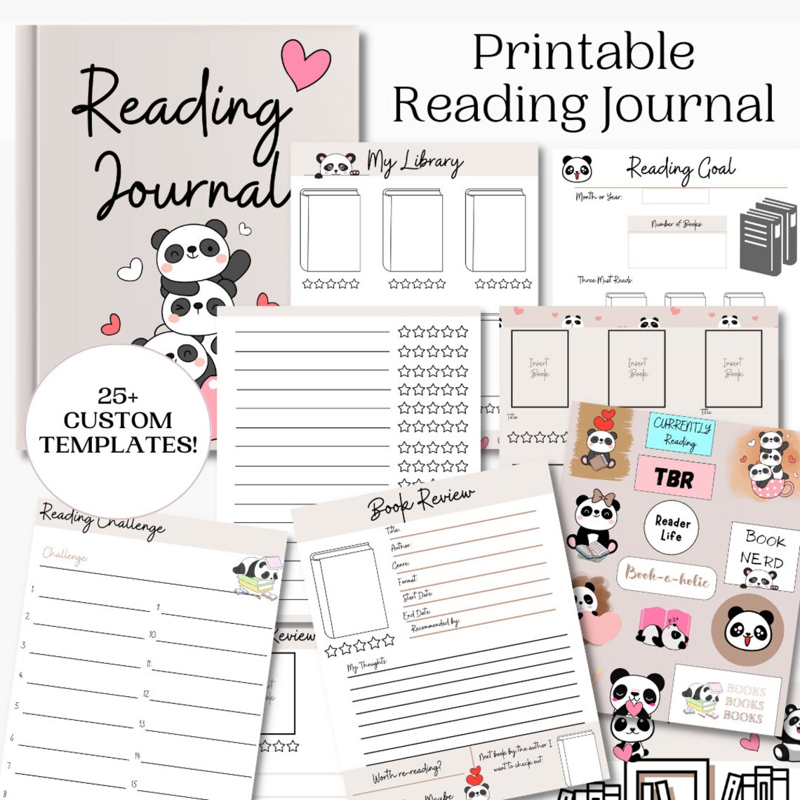 5 Reading Journal Bundle Printable | Cute Panda Journals | Reading ...