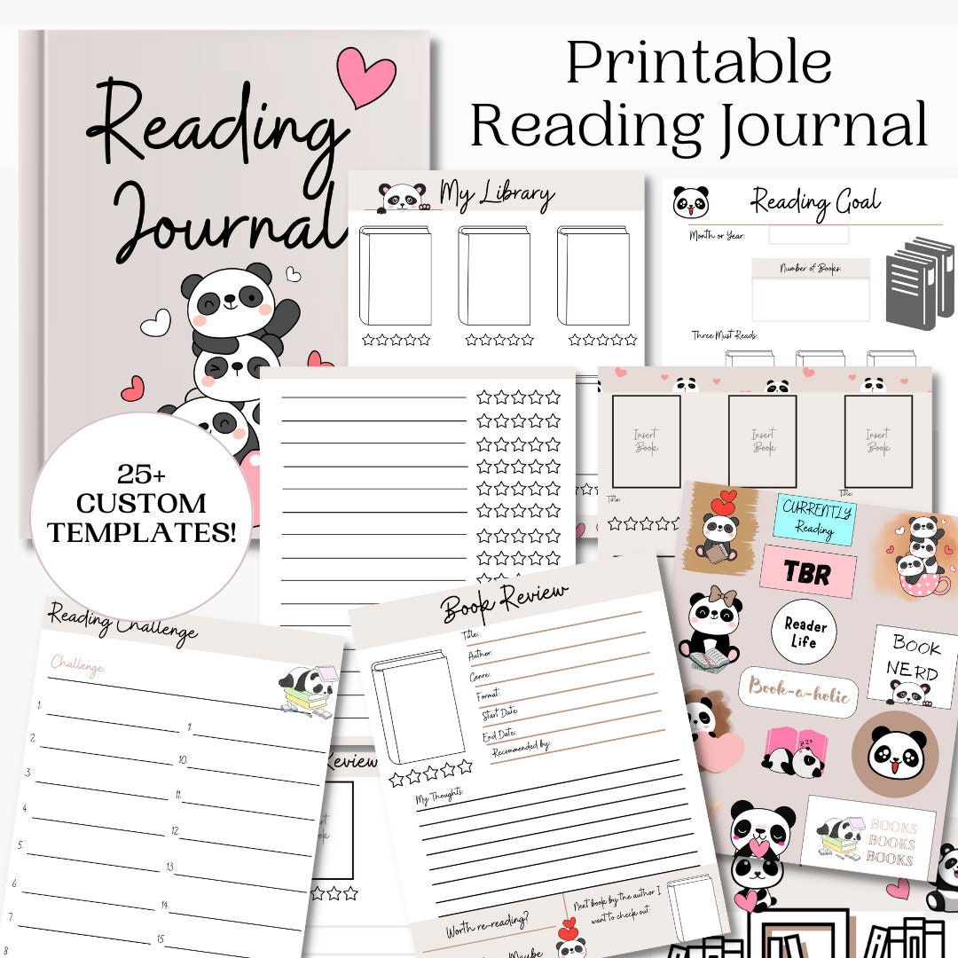 5 Reading Journal Bundle Printable Cute Panda Journals Reading Tracker ...