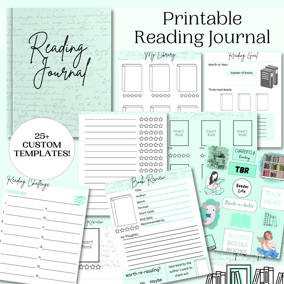 5 Reading Journal Bundle Printable Script Journals Reading Tracker Easy ...