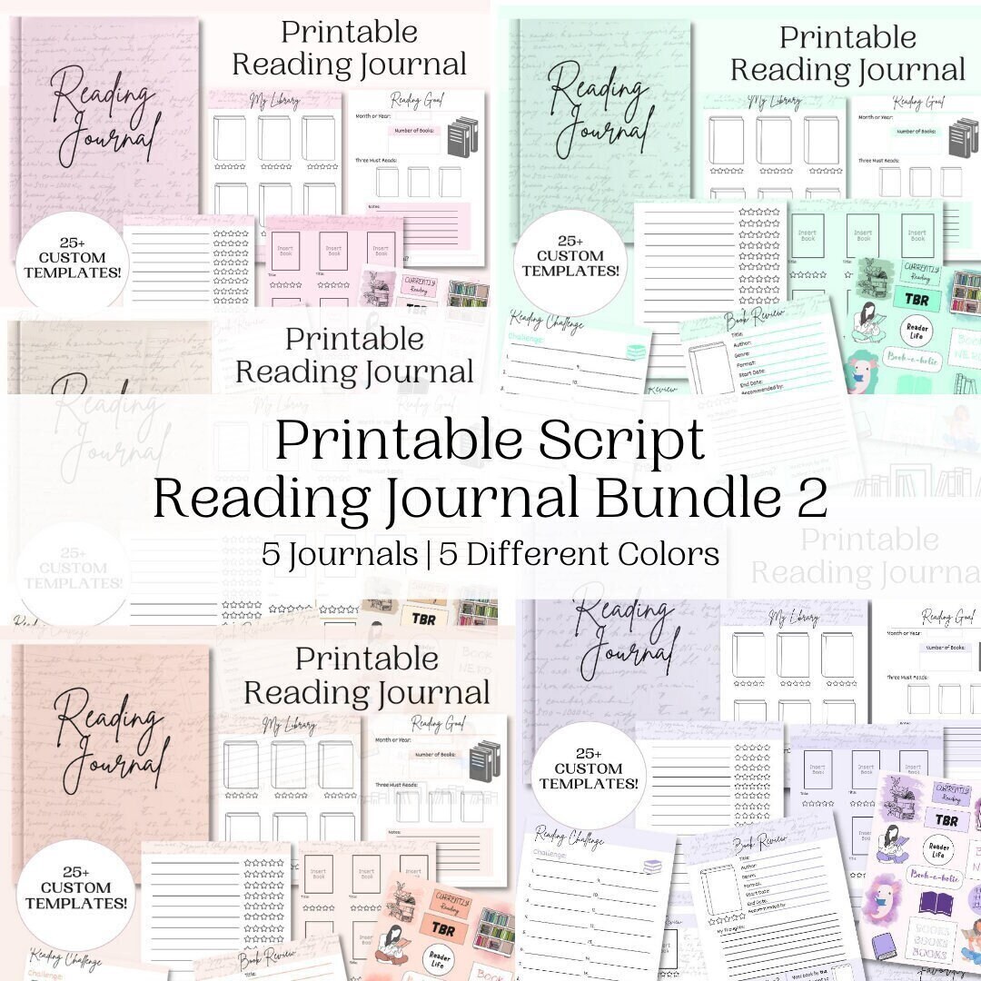 5 Reading Journal Bundle Printable | Script Journals | Reading Tracker ...
