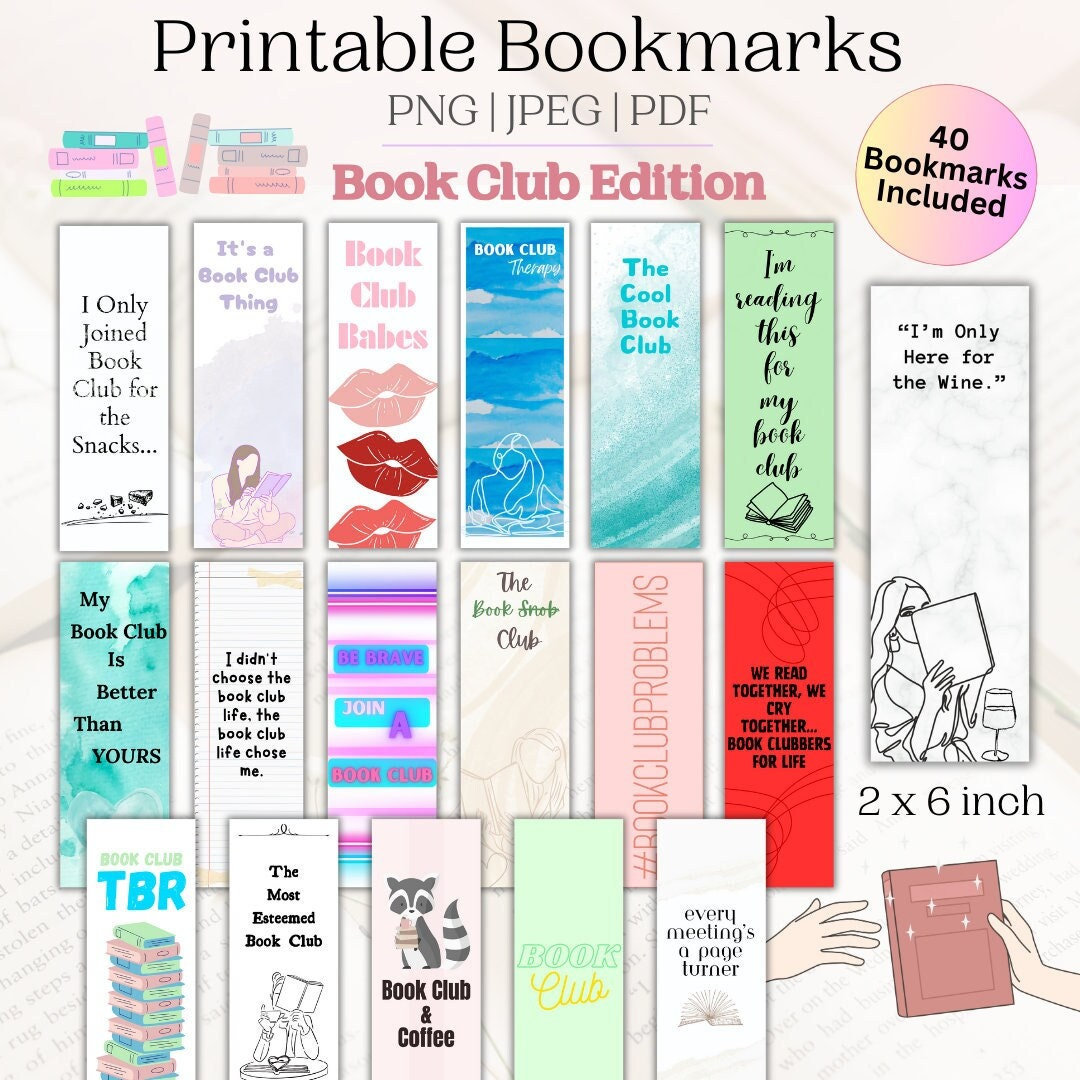40 Book Club Bookmarks Printable | Bookmark PNG | Printable Bookmark ...