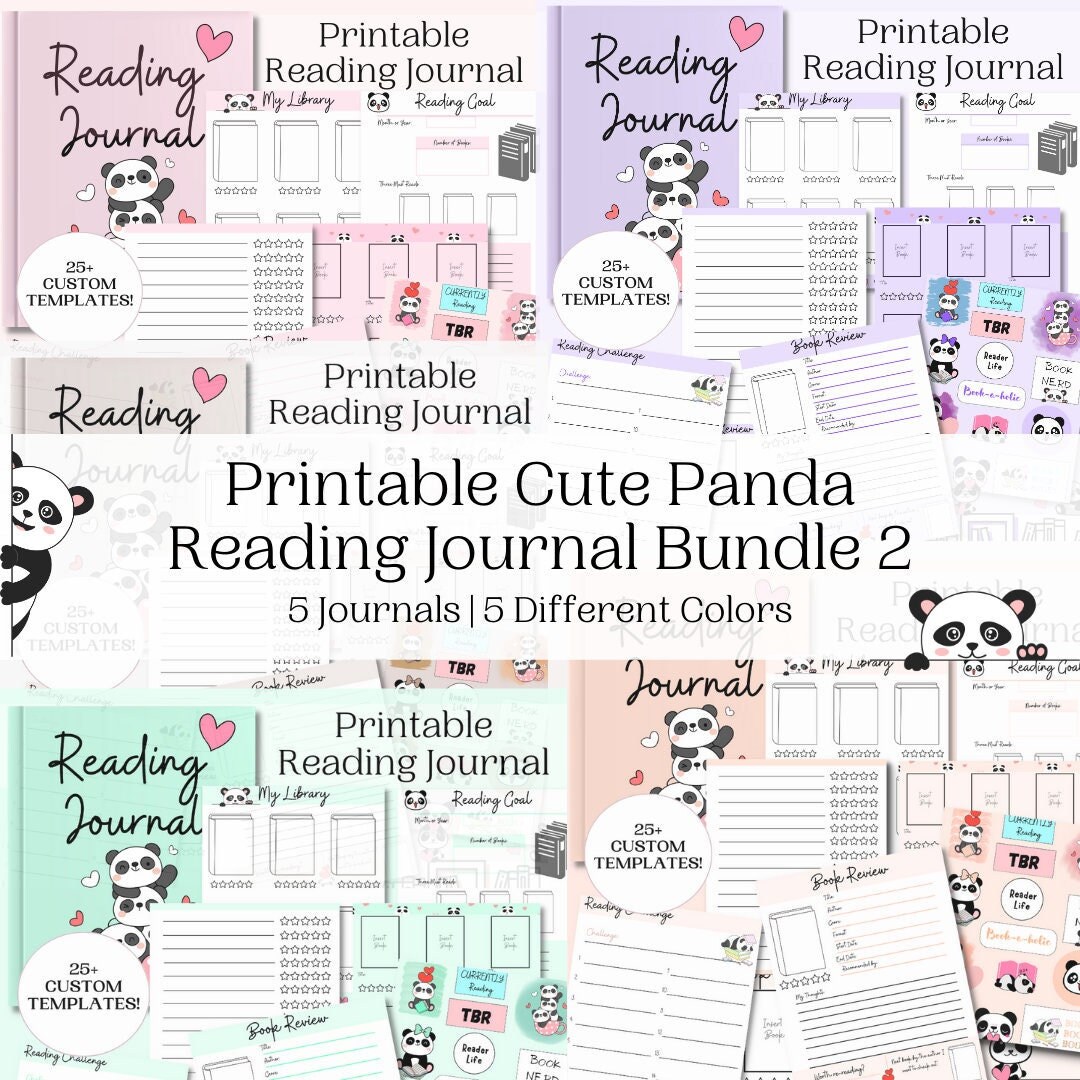 5 Reading Journal Bundle Printable | Cute Panda Journals | Reading ...