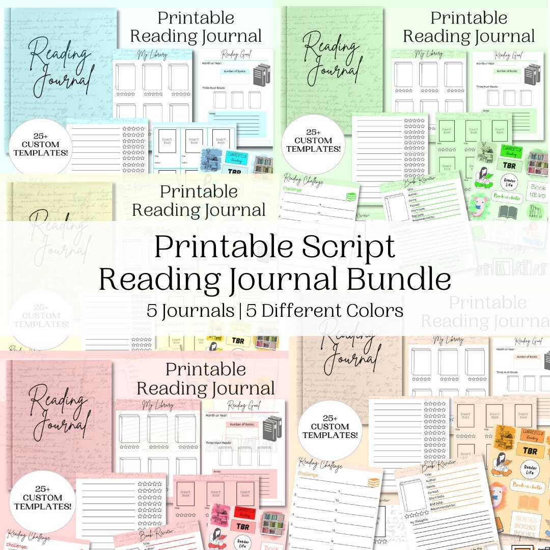 5 Reading Journal Bundle Printable | Script Journals | Reading Tracker ...