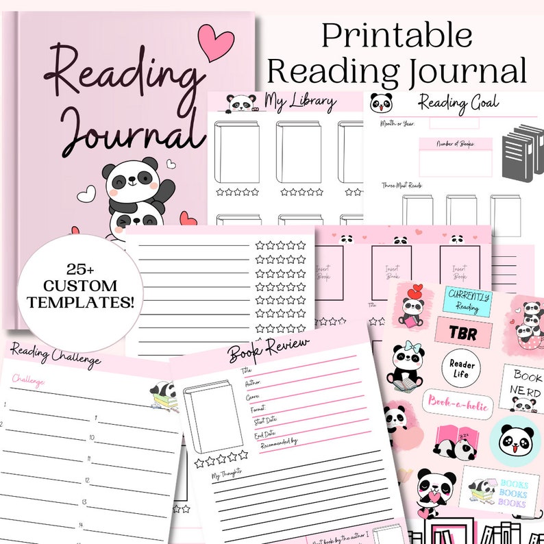 5 Reading Journal Bundle Printable | Cute Panda Journals | Reading ...