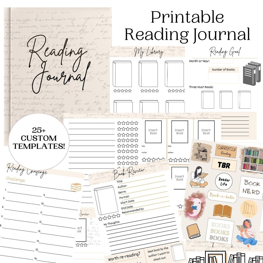 5 Reading Journal Bundle Printable Script Journals Reading Tracker Easy ...