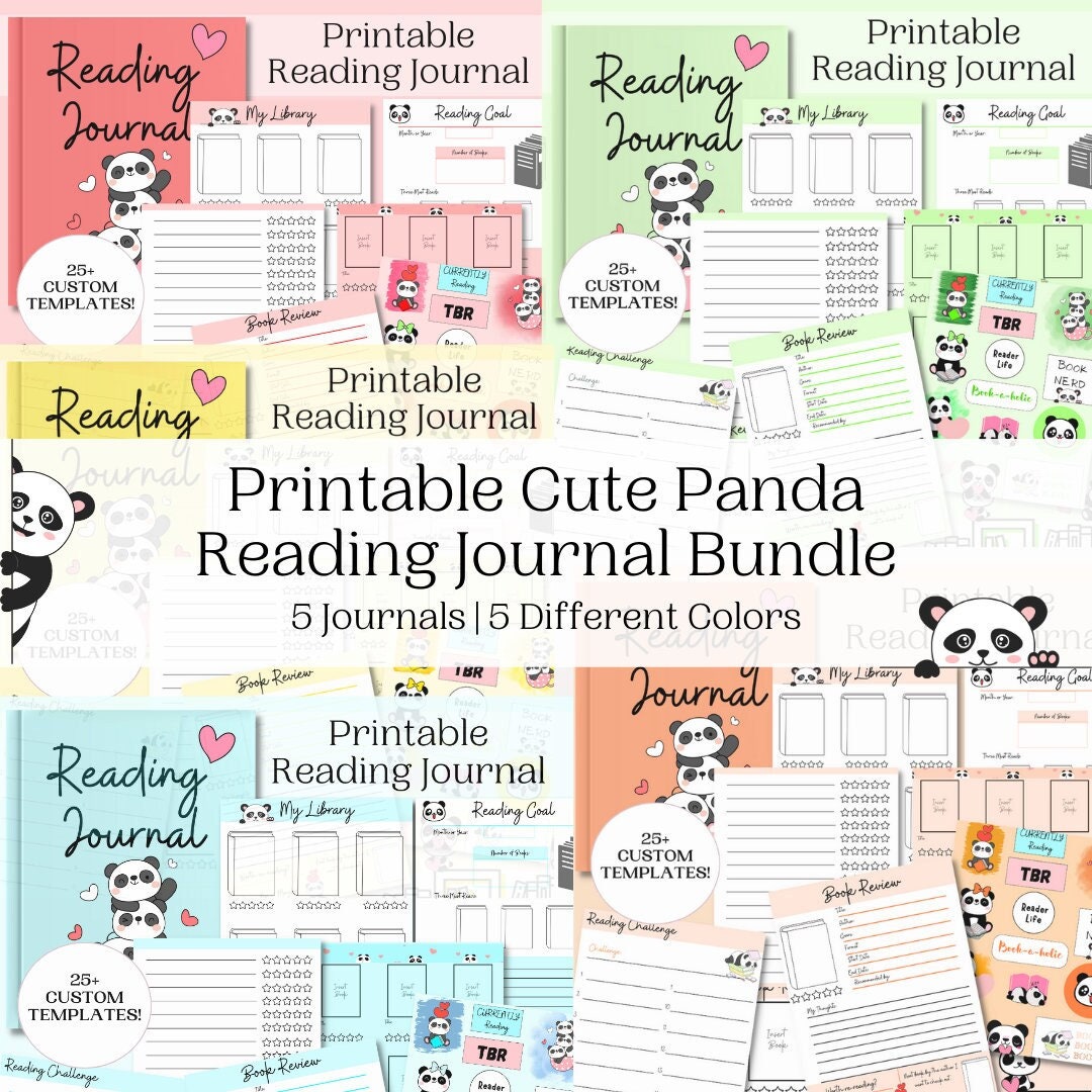 5 Reading Journal Bundle Printable | Cute Panda Journals | Reading ...