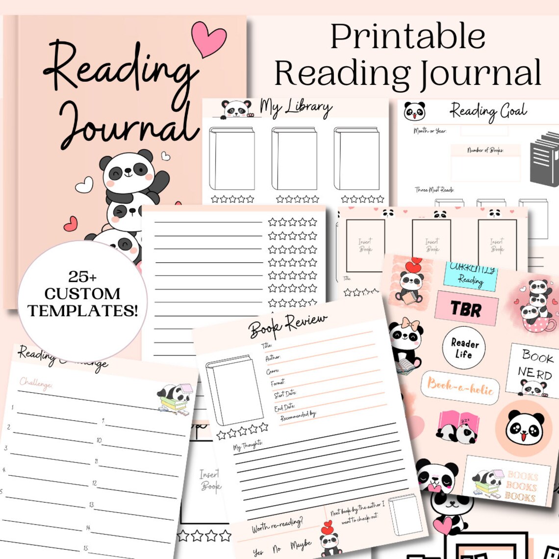 5 Reading Journal Bundle Printable Cute Panda Journals Reading Tracker ...
