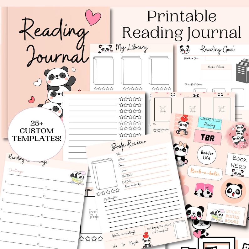 5 Reading Journal Bundle Printable | Cute Panda Journals | Reading ...