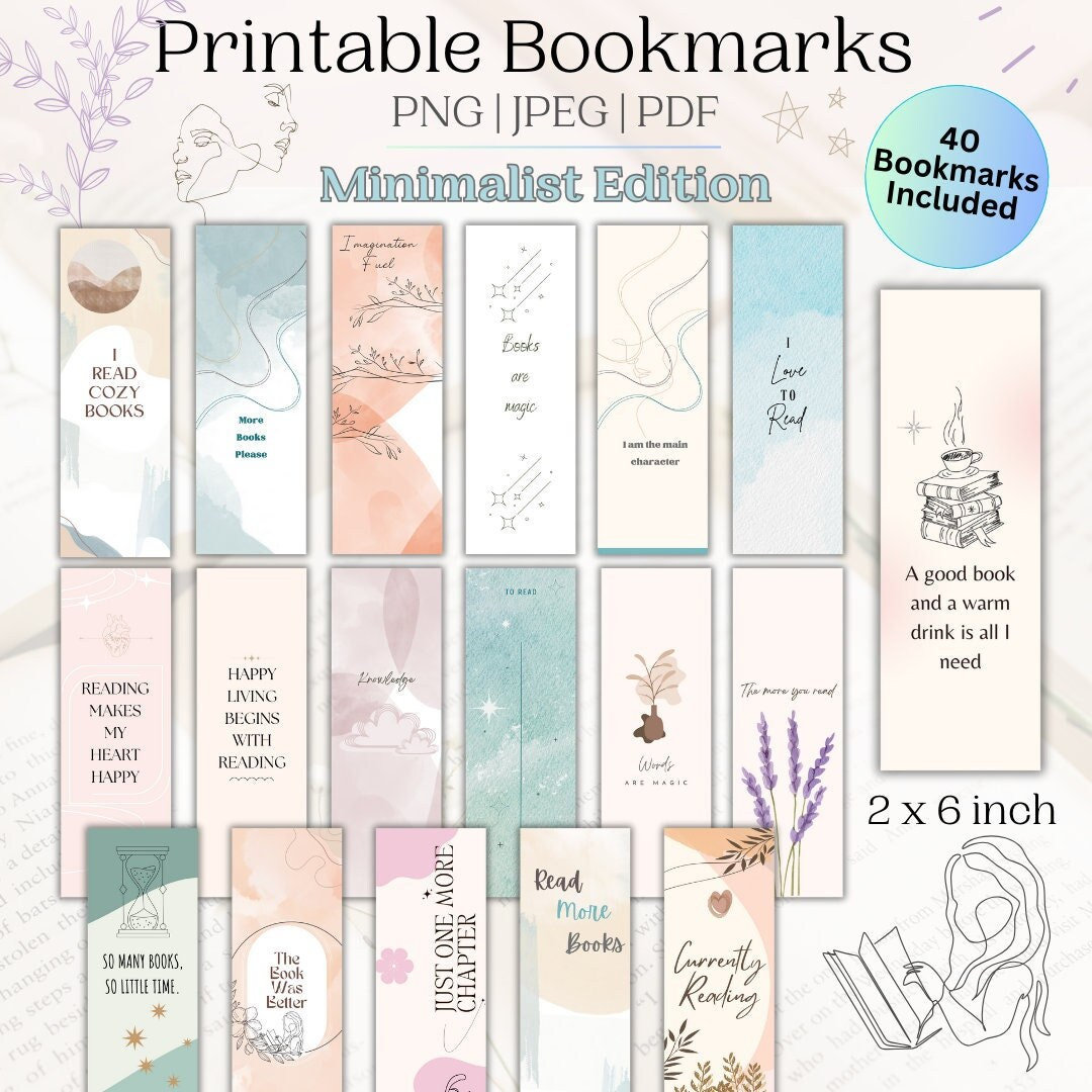 40 Minimalist Bookmarks Printable | Bookmark PNG | Printable Bookmark ...